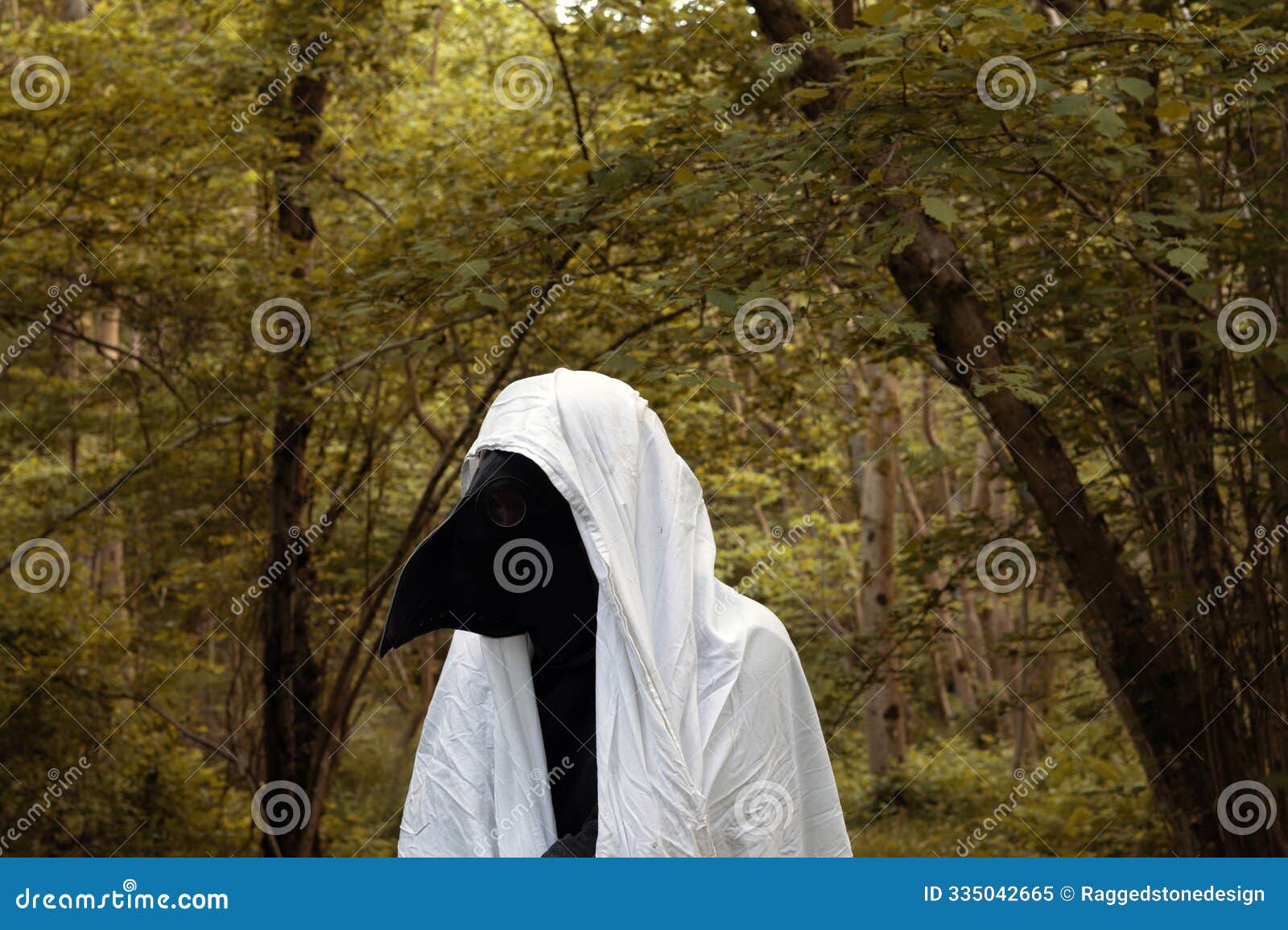 A Horror Ghost with a Plague Mask and White Sheet. Standing in a Forest ...