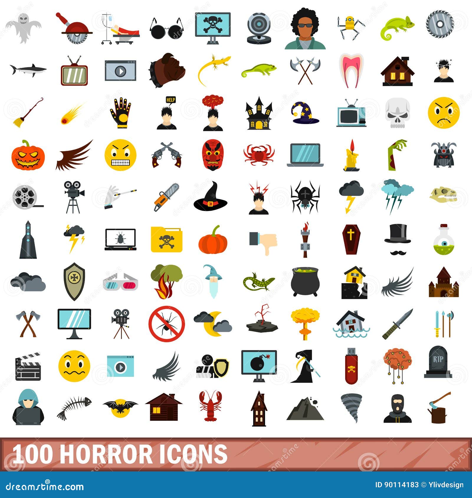 100 Horror Icons Set, Flat Style Stock Vector - Illustration of grave ...