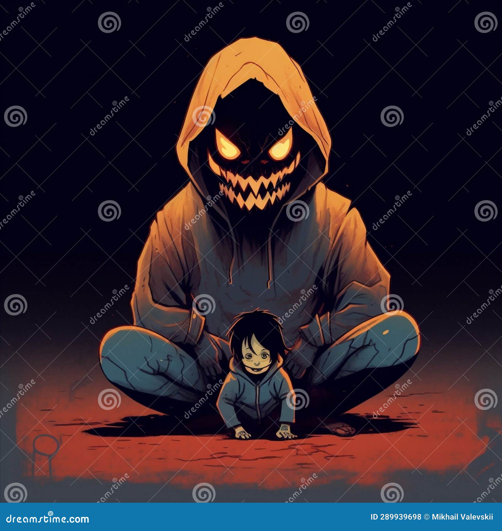 Boy and Shadow Monster Horror Illustration Stock Illustration ...