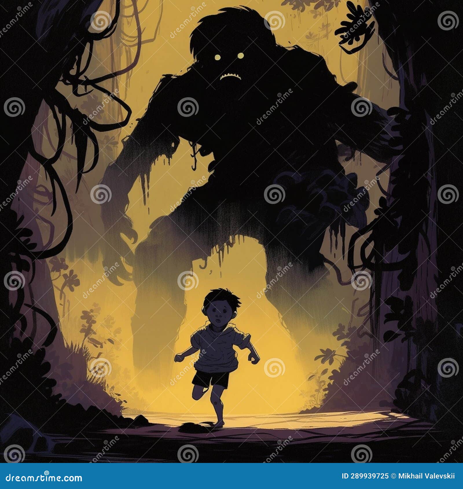 Boy and Shadow Monster Horror Illustration Stock Illustration ...