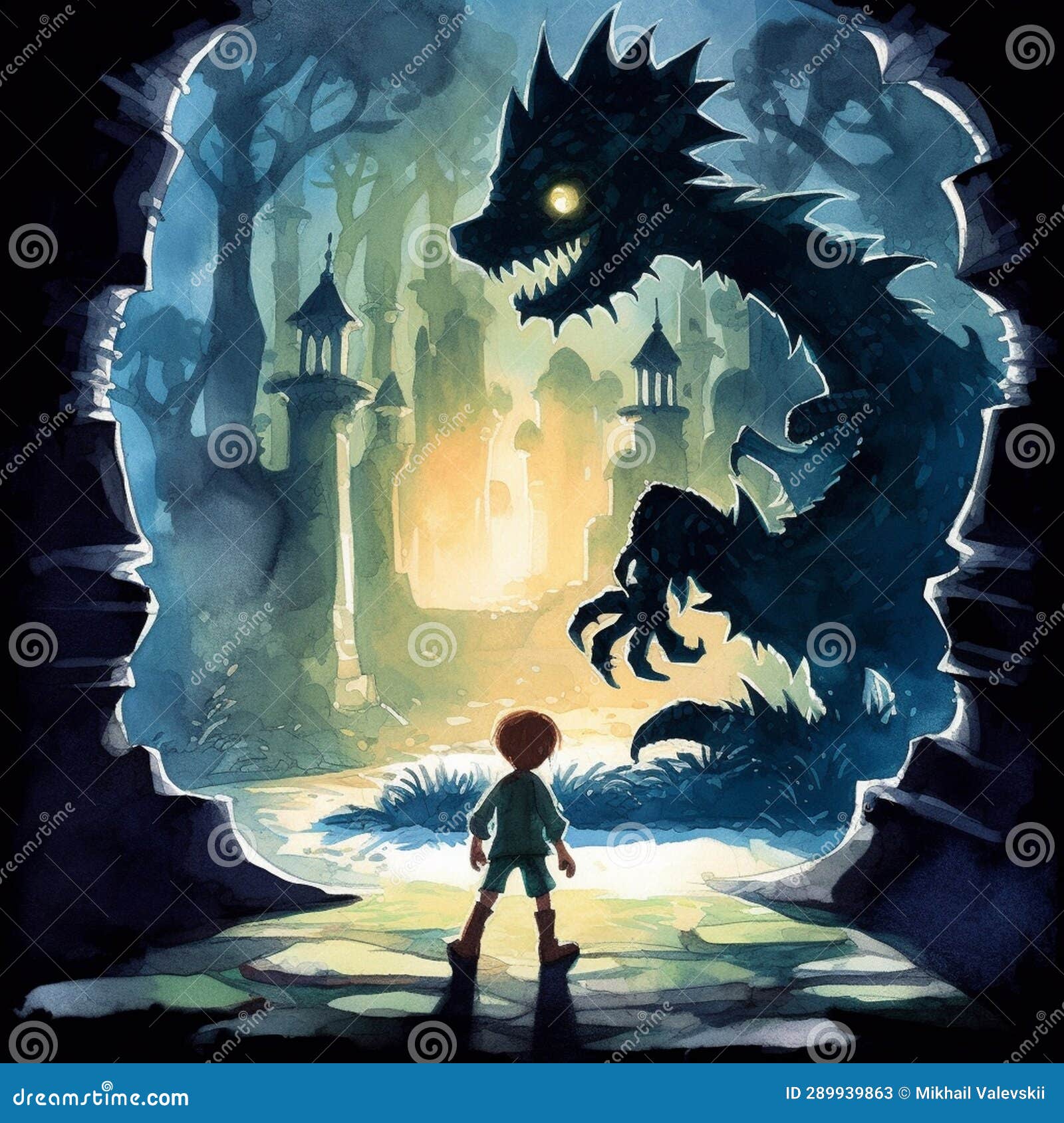Boy and Shadow Monster Horror Illustration Stock Illustration ...