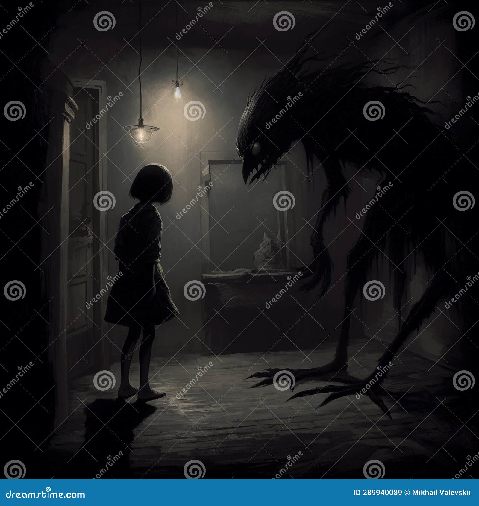 Boy and Shadow Monster Horror Illustration Stock Illustration ...