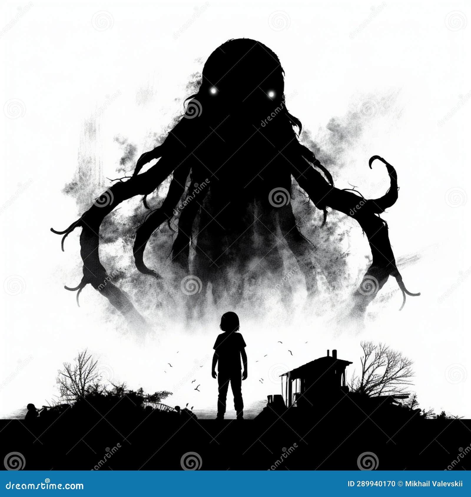 Boy and Shadow Monster Horror Illustration Stock Illustration ...