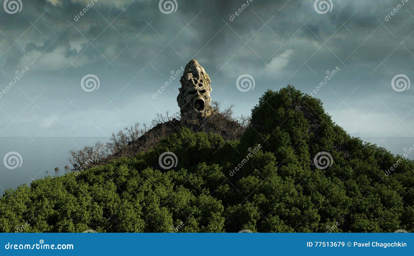 Horror Island in Ocean. Devilish Screaming Skull. Halloween Concept ...