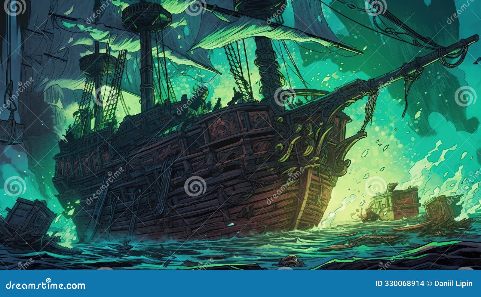 A Horror Scene Set in a Ghost Ship with a Cursed Treasure and Undead ...