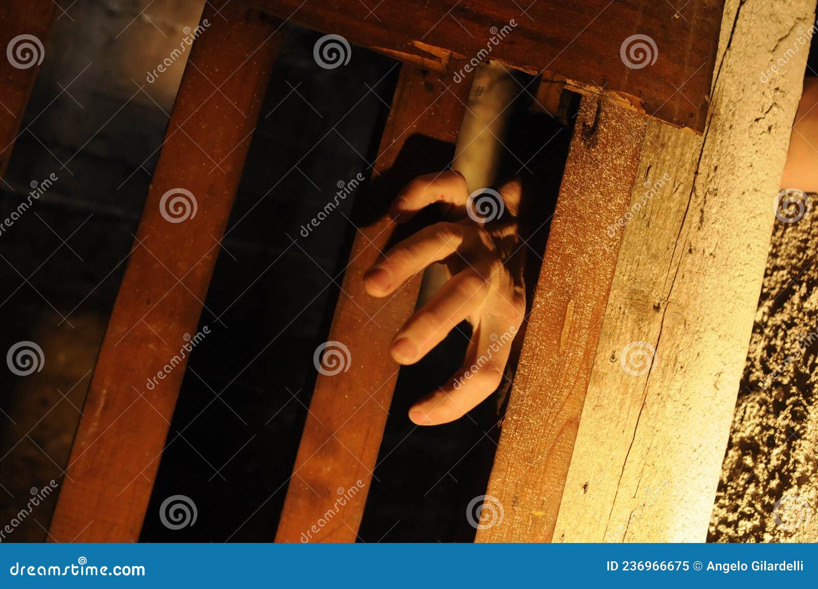Horror Arm With Wooden Skin And Watch - Surreal Picture Stock Photo ...