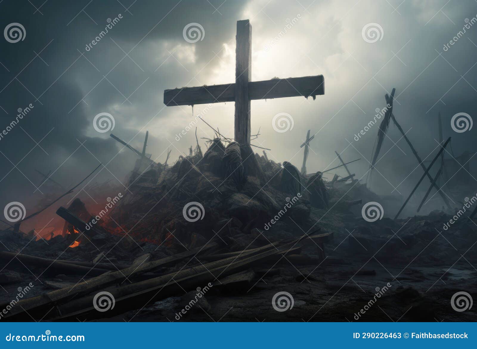 Horrors of War. Cross Standing Above Destruction Stock Illustration ...