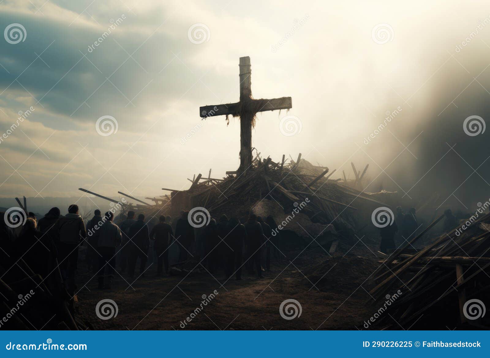 Horrors of War. People Praying Under the Cross Standing in the Ruins ...