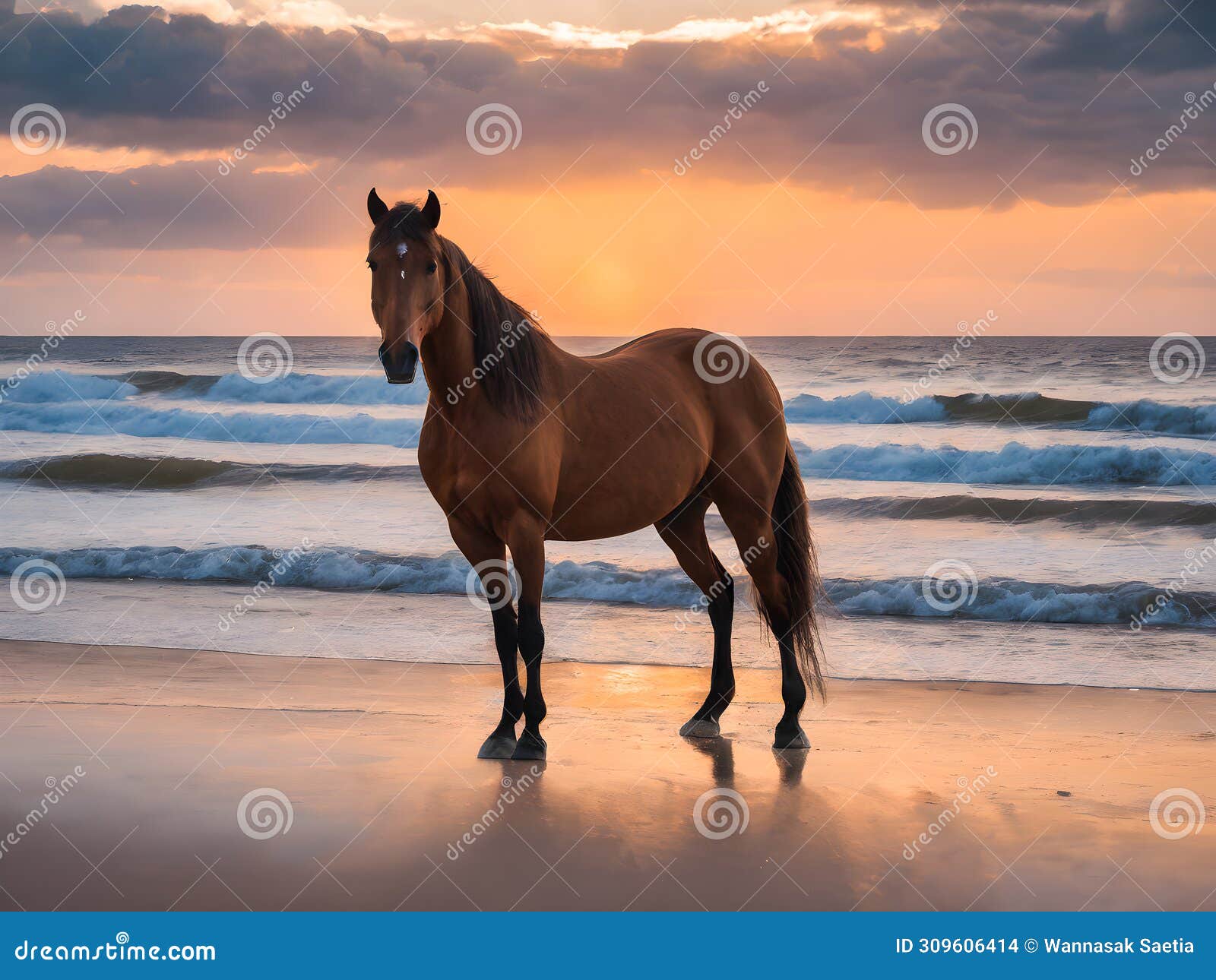 Horse on the Beach at Sunset. Stock Illustration - Illustration of ...