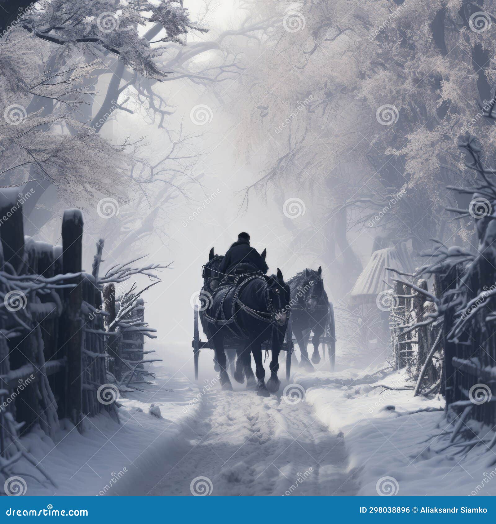 A Horse Drawn Carriage on a Snowy Path Stock Photo - Image of beautiful, blue: 298038896