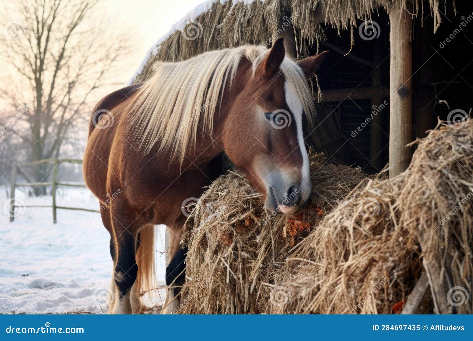 Horse Eating Hay from a Manger in Winter Stock Illustration ...