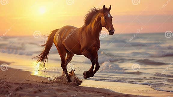 Horse Galloping on Beach at Sunset with Waves in Background Stock ...