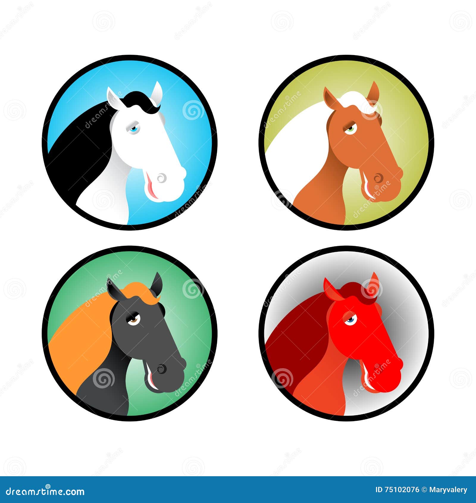 Horse Icons Set. Head of Animal with Multi-colored Mane Stock Vector ...