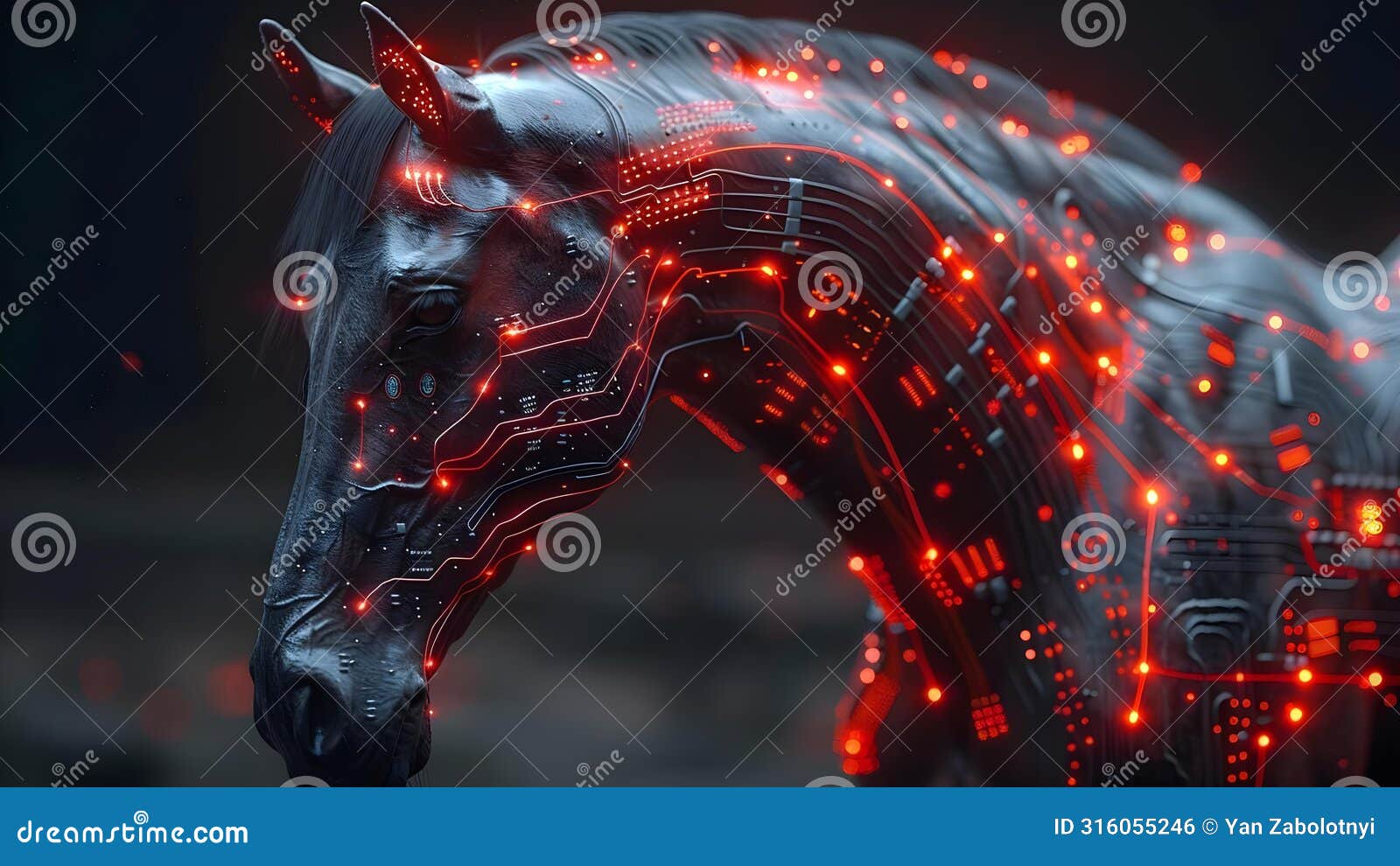 Horse Neural Network AI Circuit Board in Equine Head Digital Brain ...