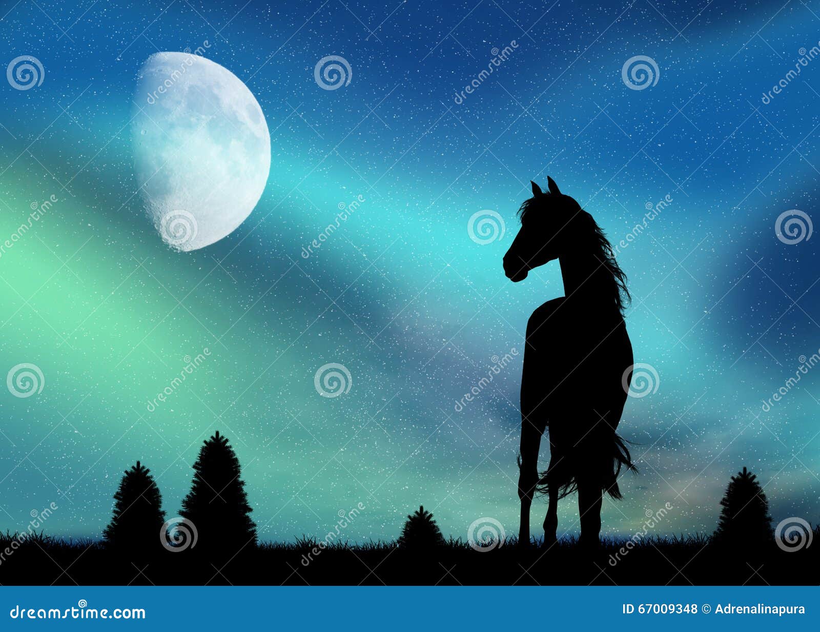 Horse and Northern Lights stock illustration. Illustration of moonlight ...