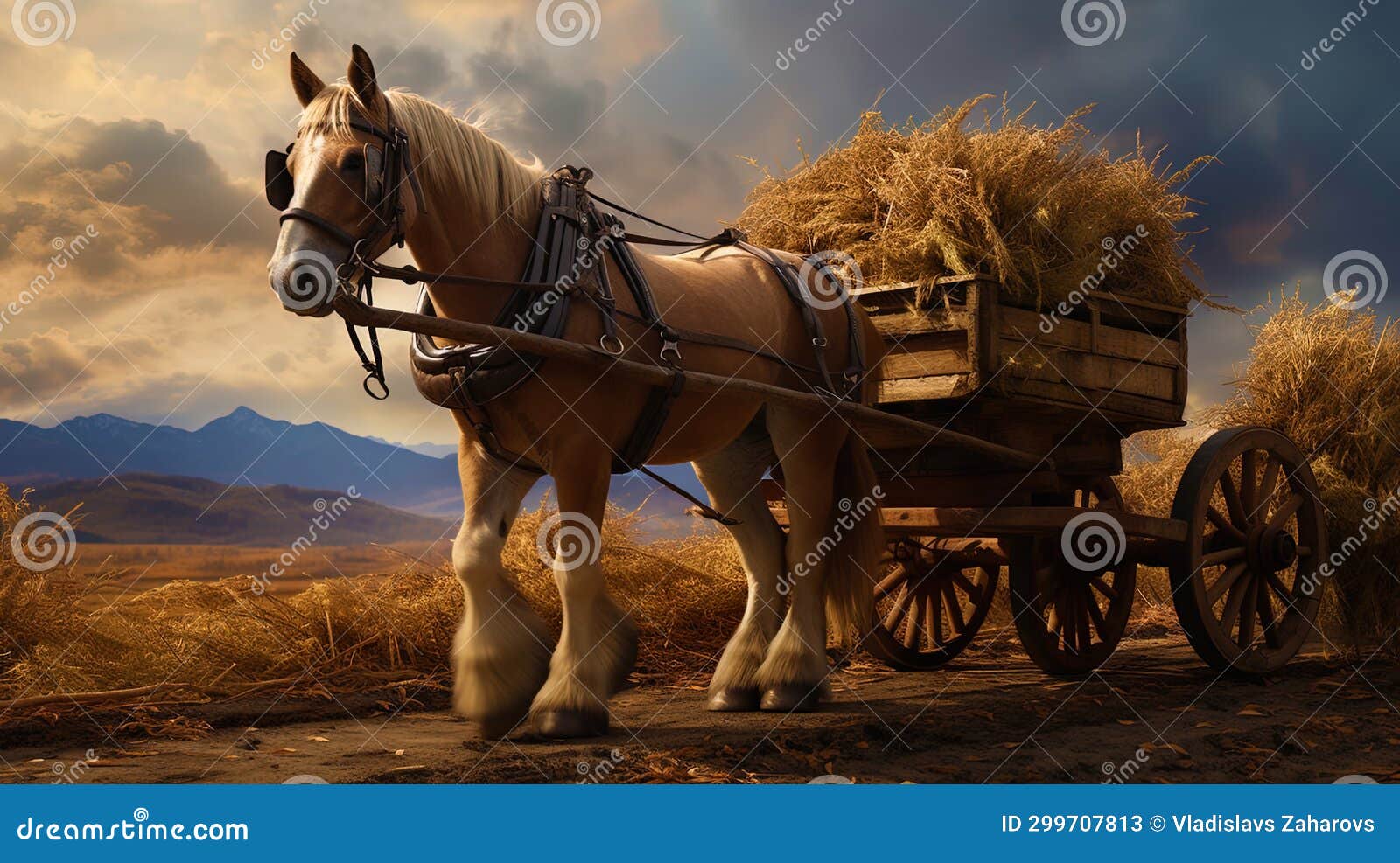 A Horse Pulling a Wagon with Hay Stock Illustration - Illustration of ...