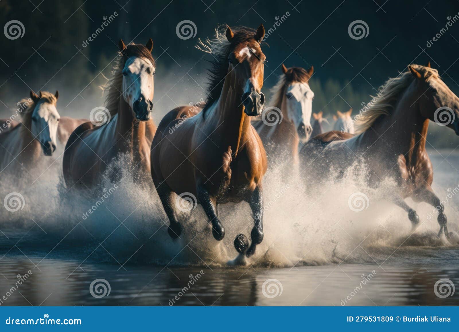 Horse Runs through the Water with Many Big Splashes. AI Generative ...