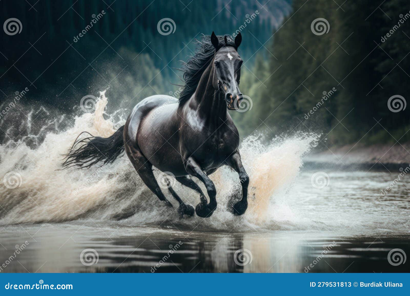 Horse Runs through the Water with Many Big Splashes. AI Generative ...