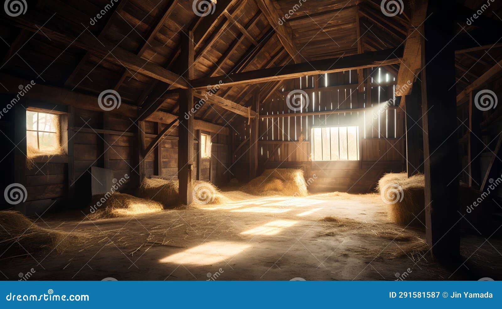 Horse Stable Interior with Hay Bales and Sunbeam. 3D Rendering Stock ...