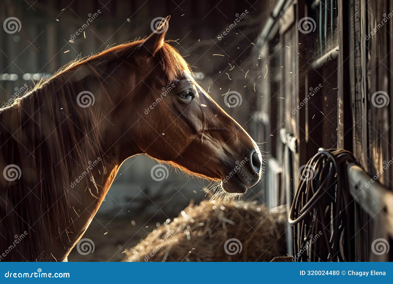 Horse Standing in a Barn with Sunlight Filtering through Dust Particles ...