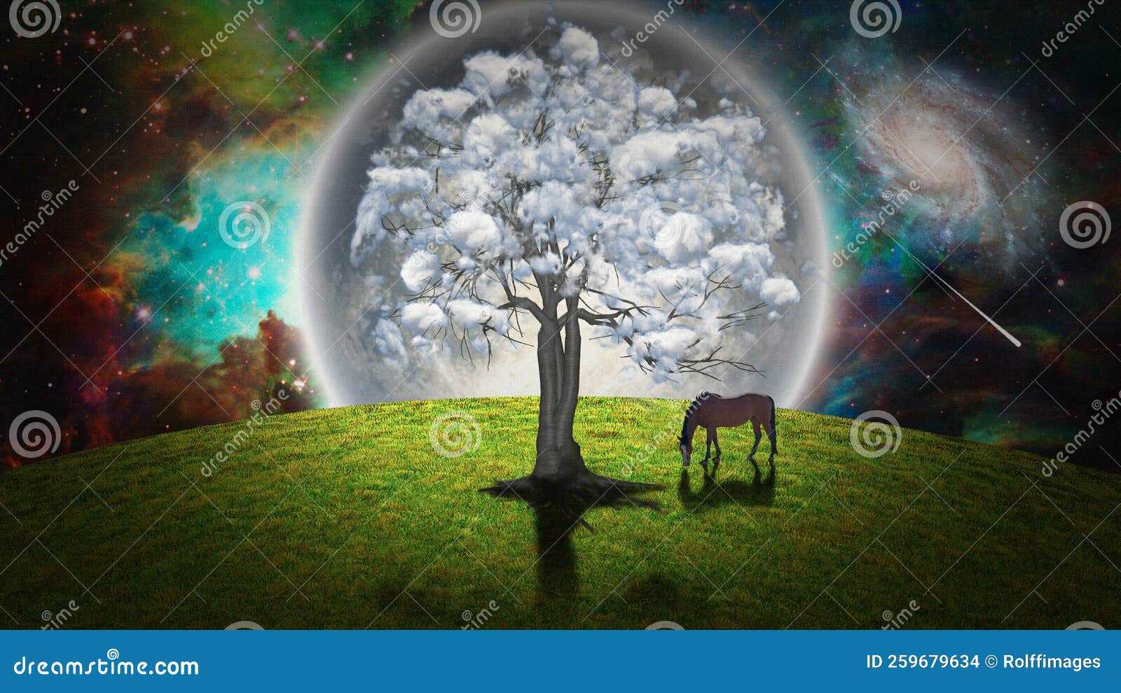 Horse in surreal landscape stock illustration. Illustration of farm ...