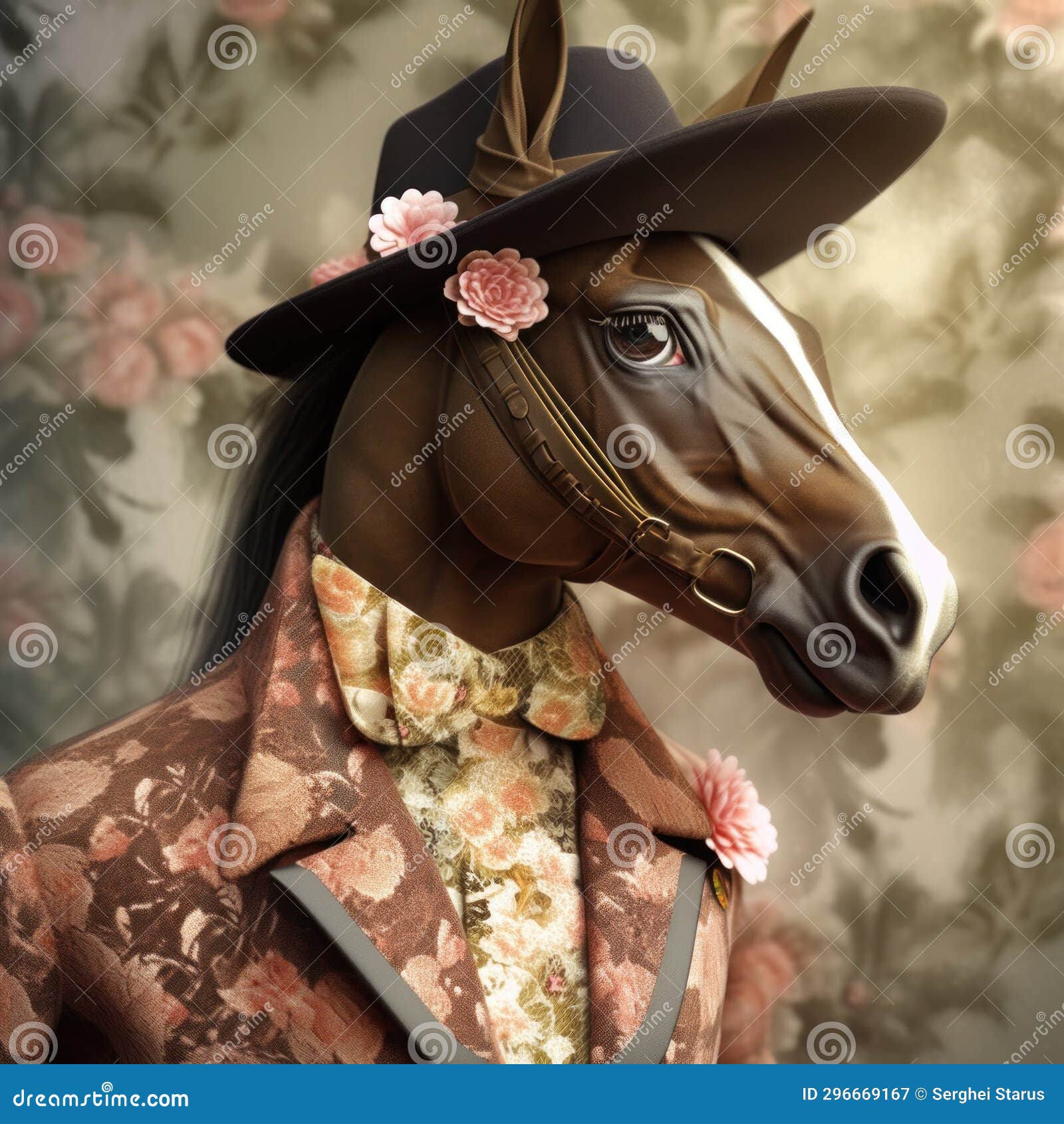 A Horse Wearing a Hat and Suit with Flowers, AI Stock Illustration ...