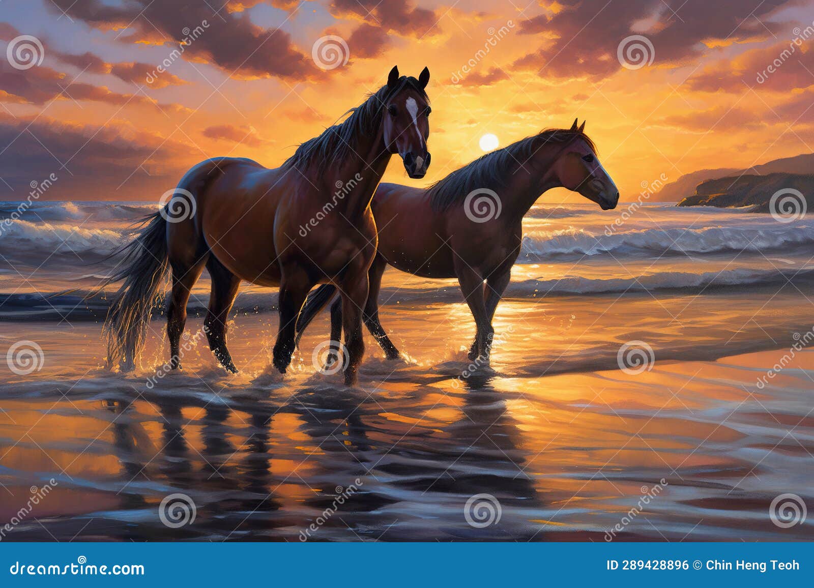 Horses on the Beach at Sunset,. Computer Digital Drawing Stock ...