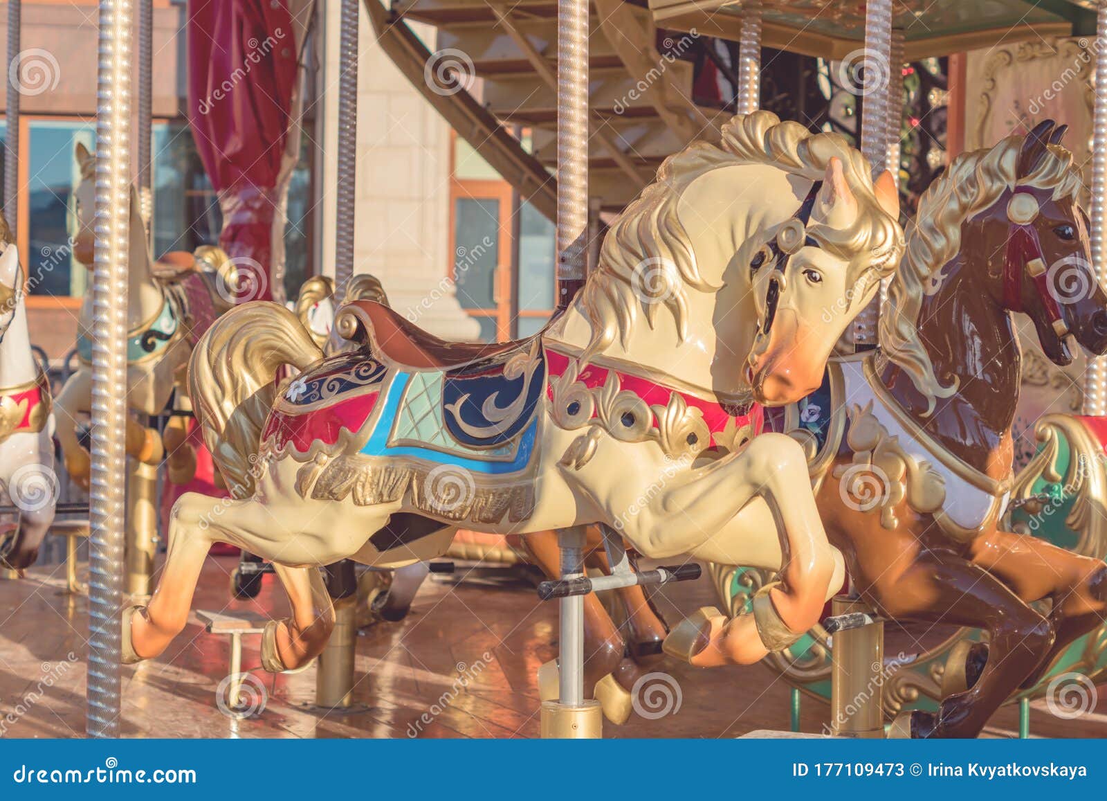Horses On A Carnival Merry Go Round. Old French Carousel In A Holiday ...