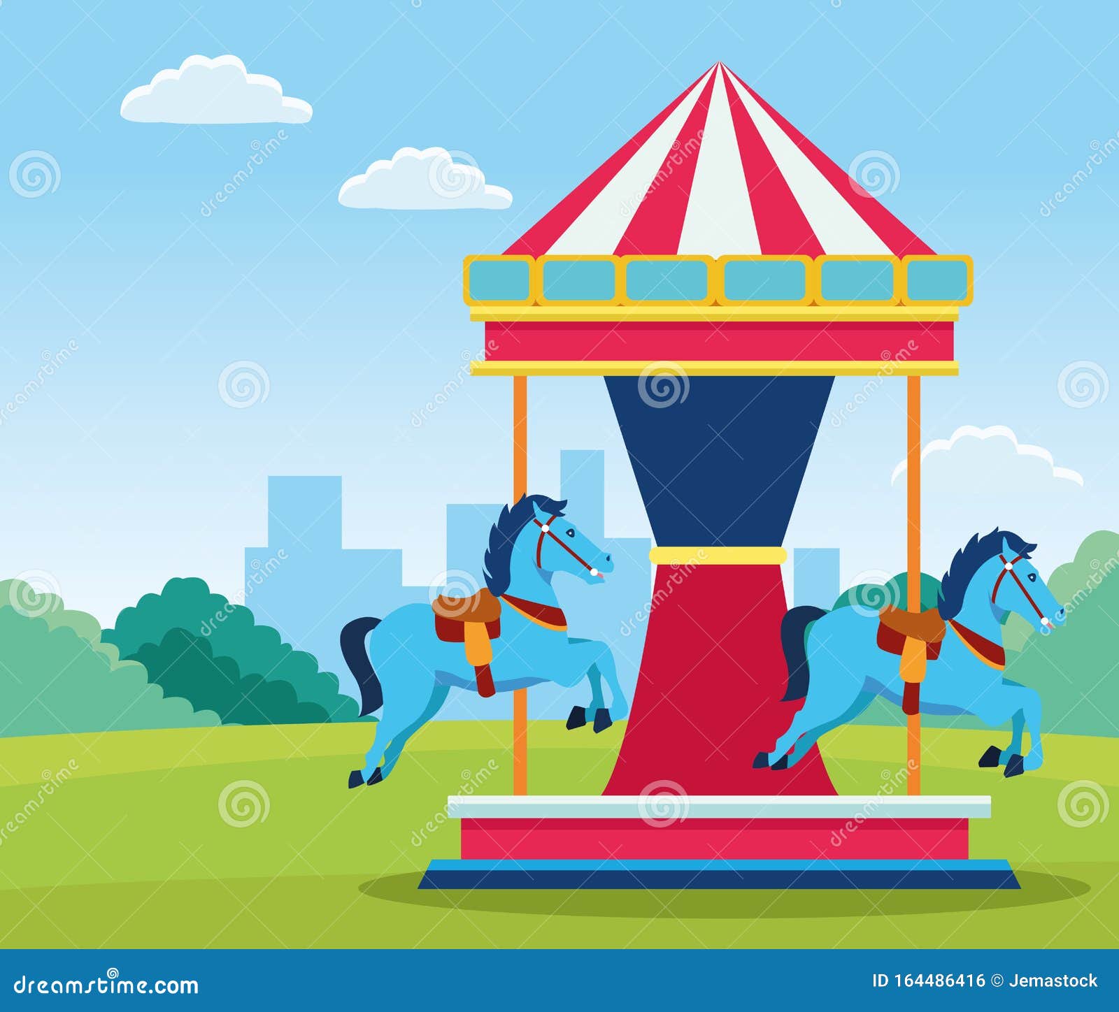 Horses Fair Carousel in the Field Background, Colorful Design. Stock ...