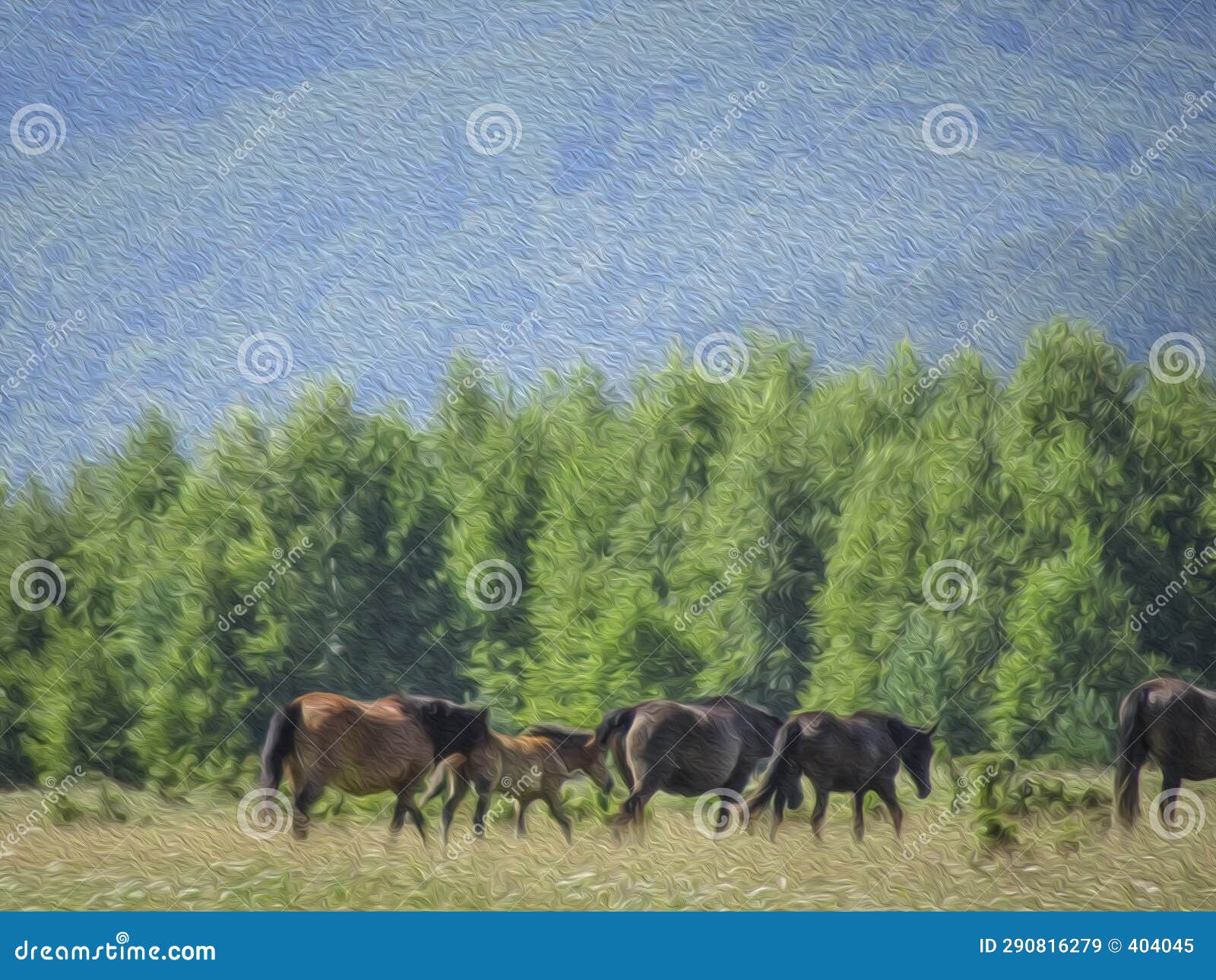 Horses Graze in a Meadow in the Mountains. Stylization of the Image ...