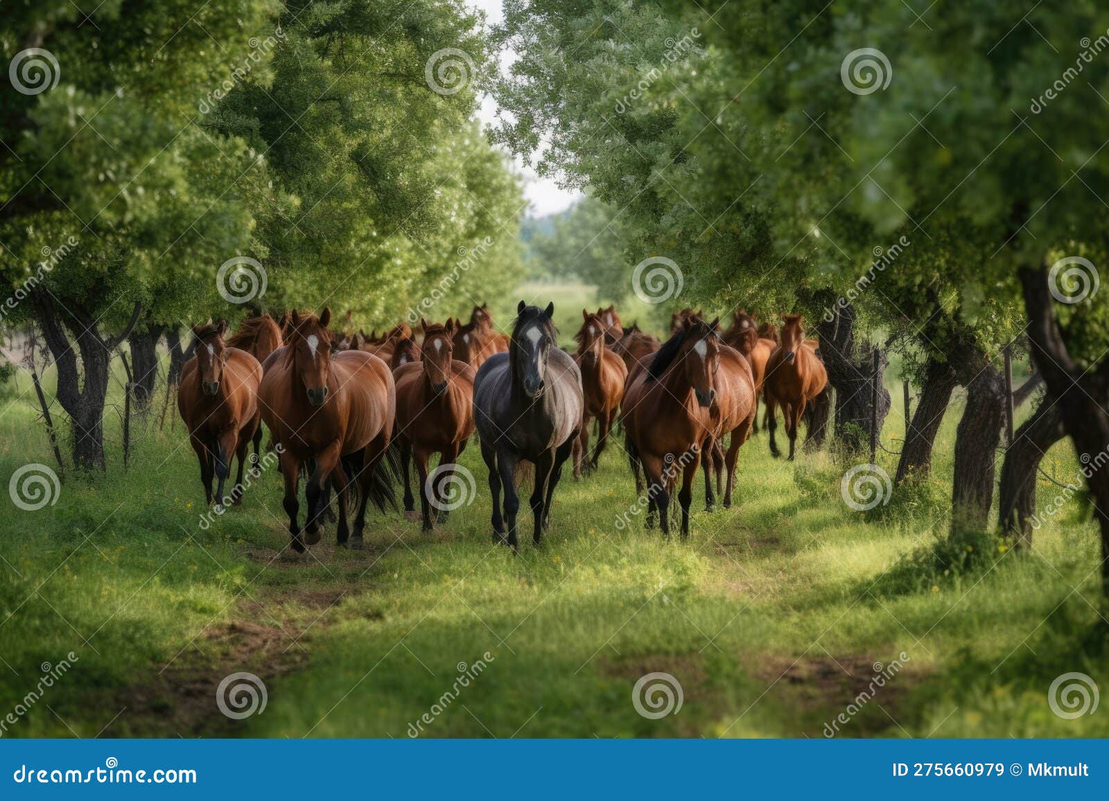 Horses Running on a Path in the Woods Generative AI Stock Illustration ...