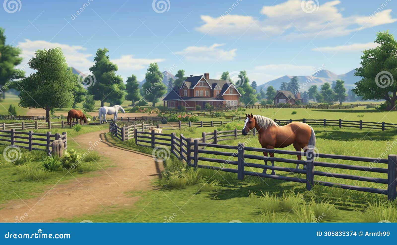 Horses in a Rural Paddock with a Painting Style View Stock Illustration ...