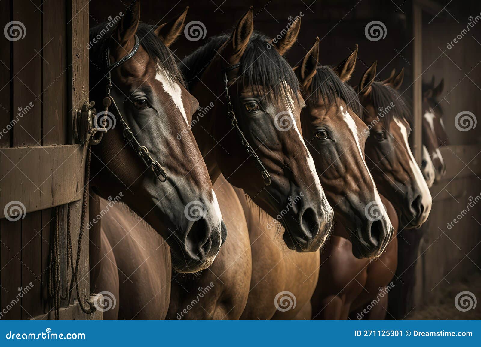 Horses in Stable Standing in Row, AI Generated Stock Image - Image of ...