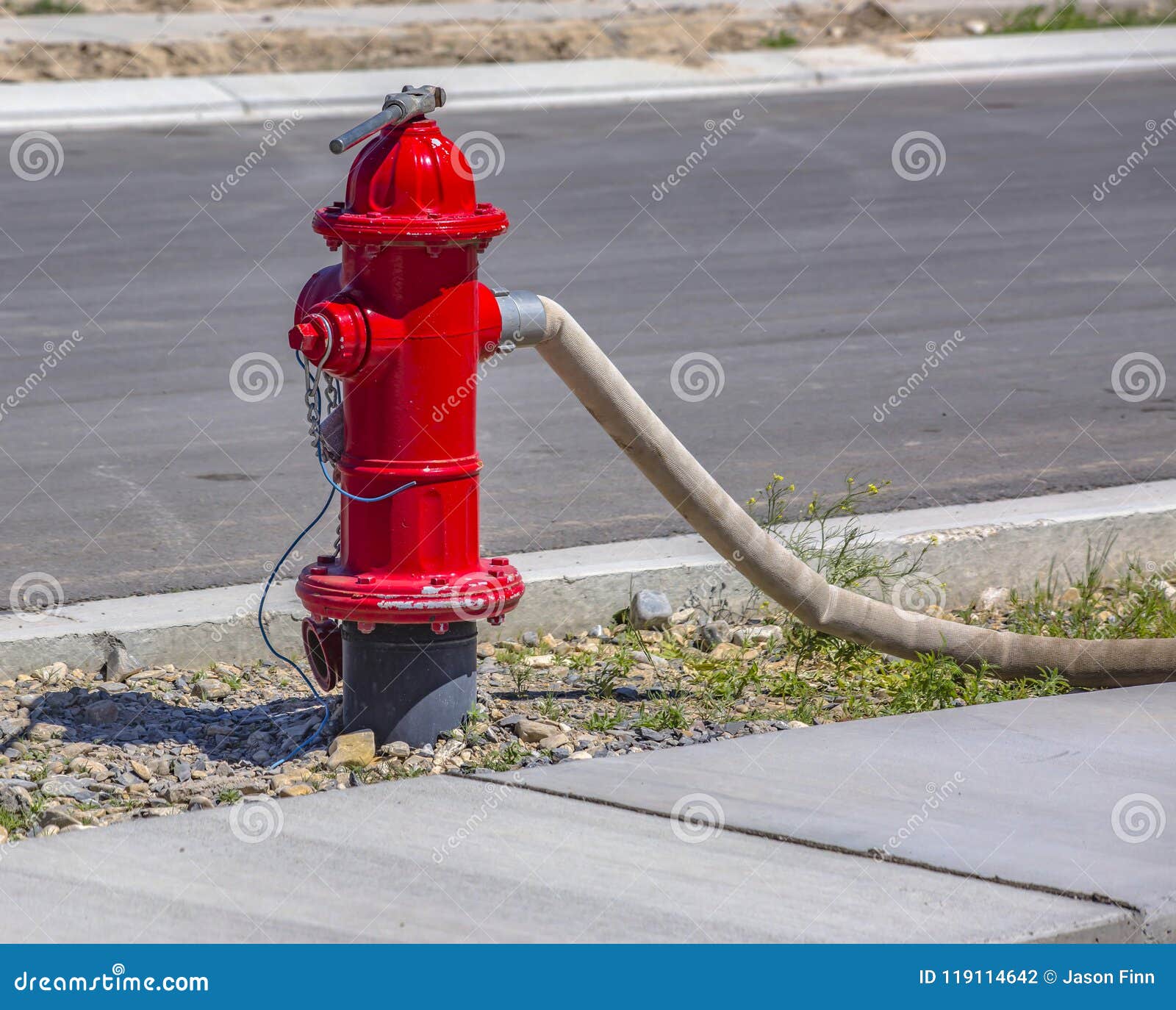 Hose Connected To Red Fire Hydrant Stock Photo - Image of danger ...
