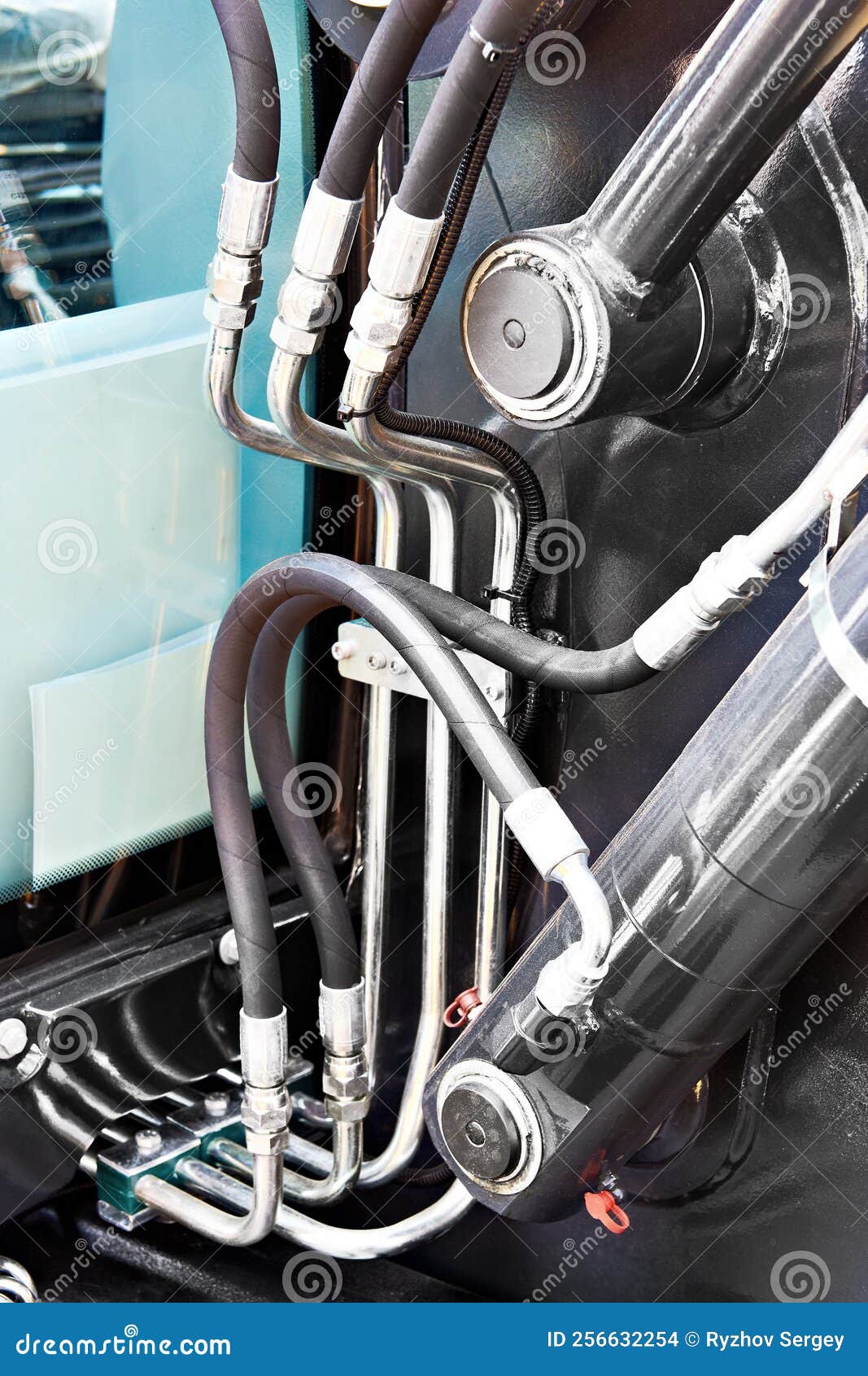 Hoses of hydraulic machine stock photo. Image of tool - 256632254