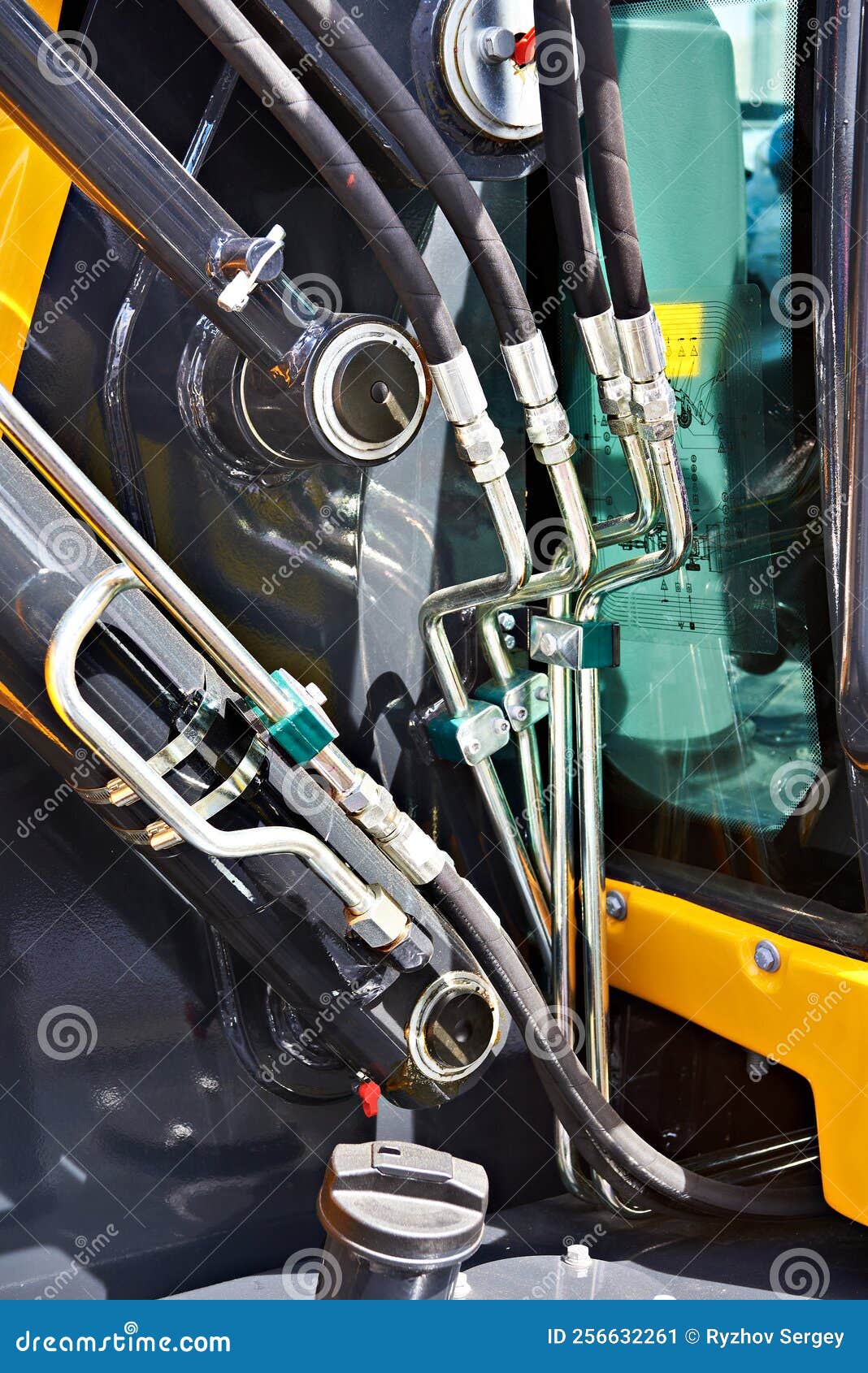 Hoses of hydraulic machine stock image. Image of fittings - 256632261