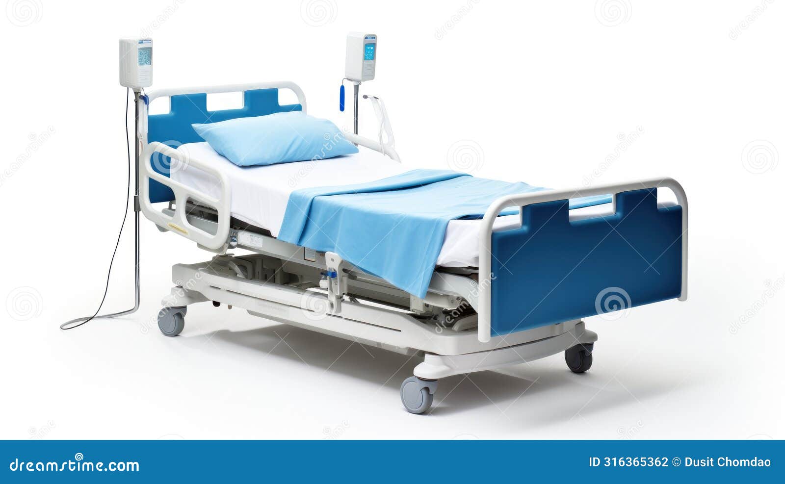A Hospital Bed with a Blue Sheet and a White Pillow Stock Photo - Image ...