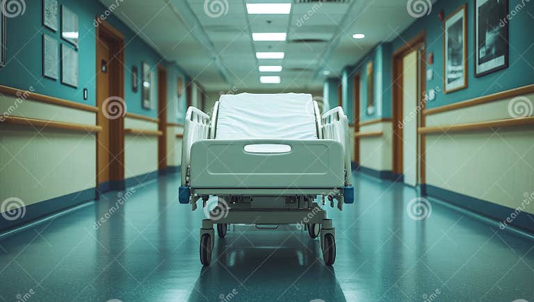 A Hospital Bed is in the Hallway of a Hospital Stock Photo - Image of ...