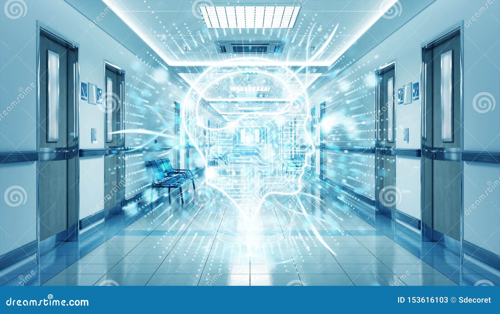 Hospital Blue Corridor with Digital Xray Brain Floating in Dots ...