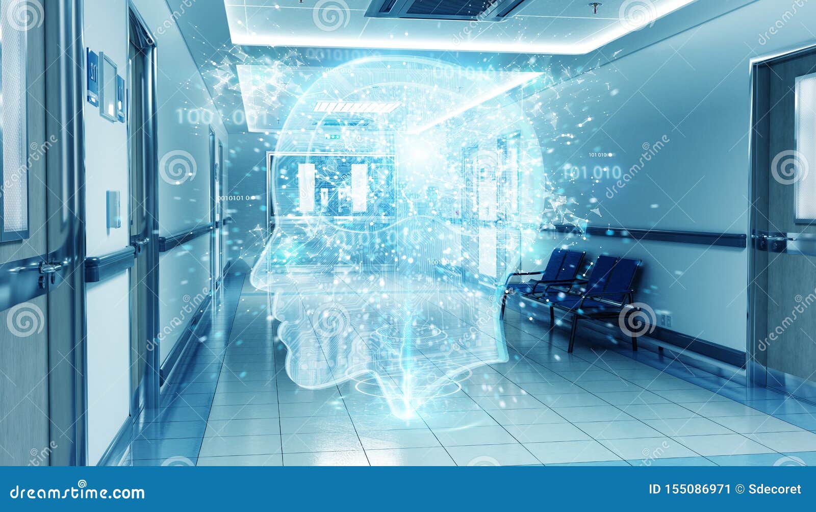 Hospital Blue Corridor with Digital Xray Brain Floating in Dots ...
