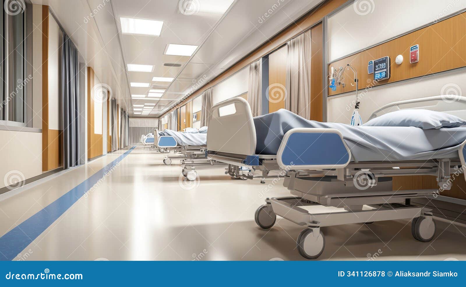 Hospital Corridor with Bed in Patient Rooms 3D Render Stock ...