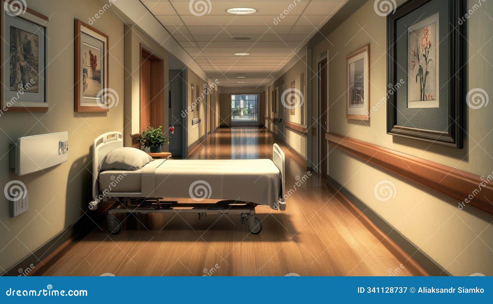 Hospital Corridor with Bed in Patient Rooms 3D Render Stock ...
