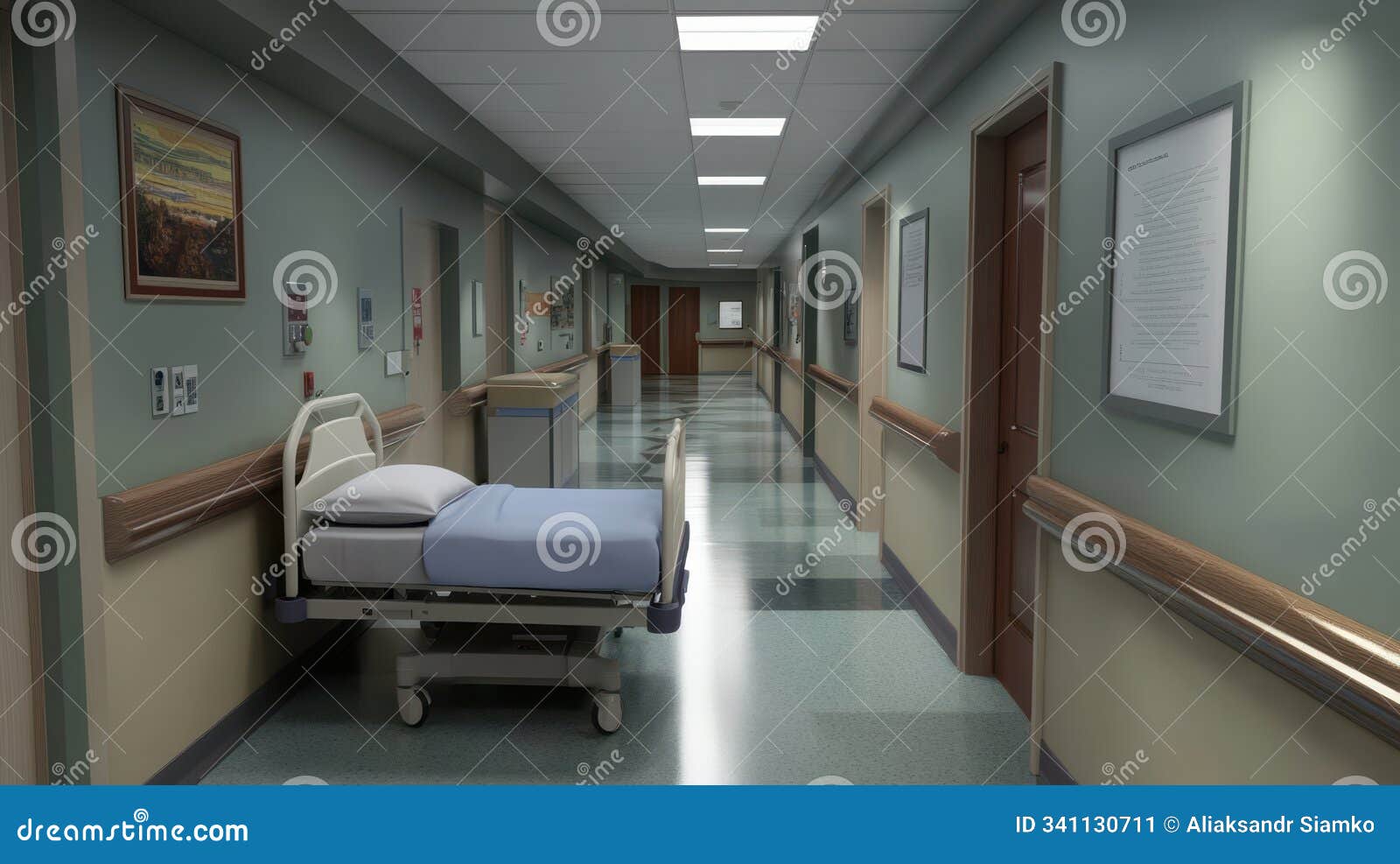 Hospital Corridor with Bed in Patient Rooms 3D Render Stock ...