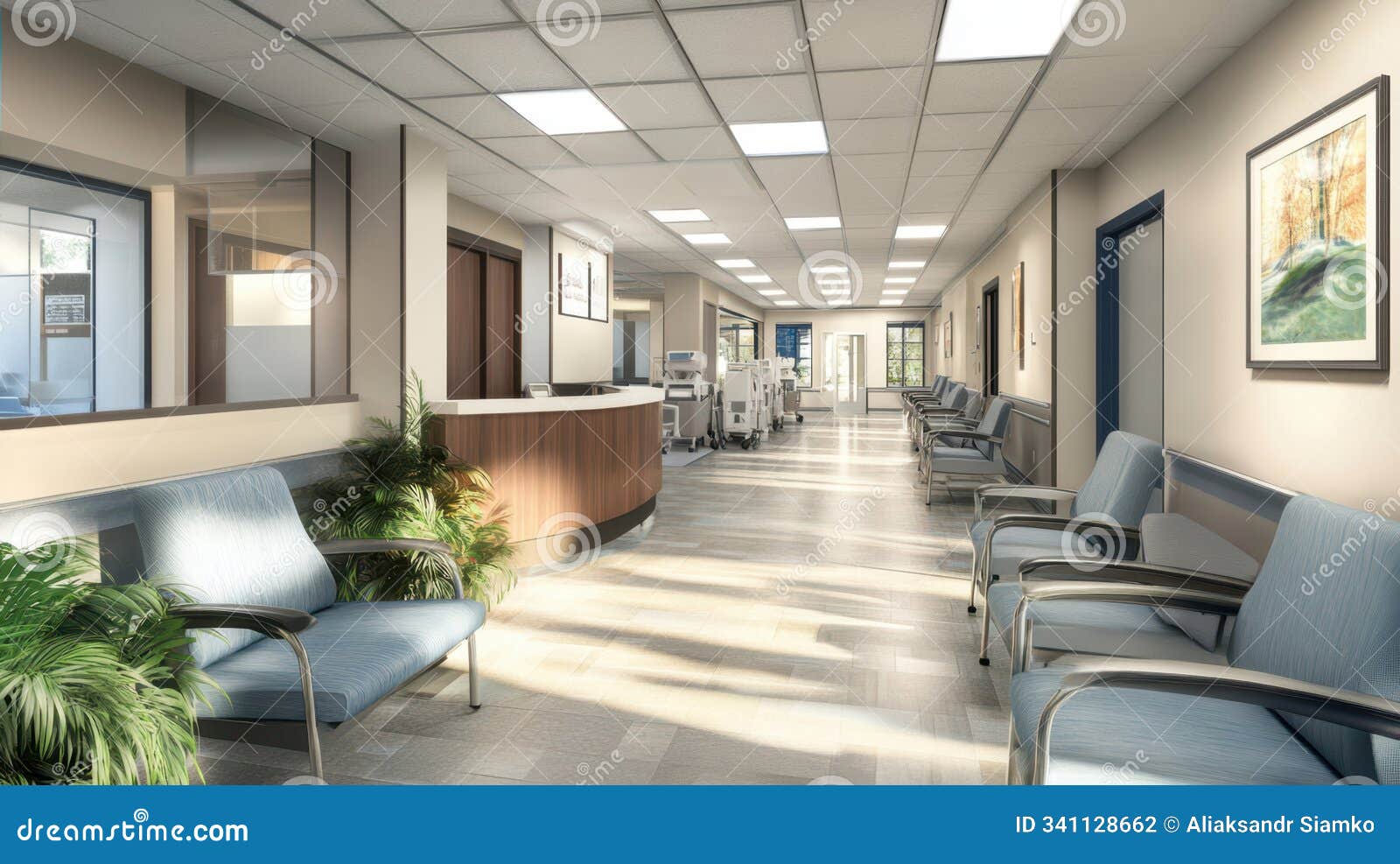 Hospital Corridor with Waiting Area and Patient Rooms 3D Render Stock ...