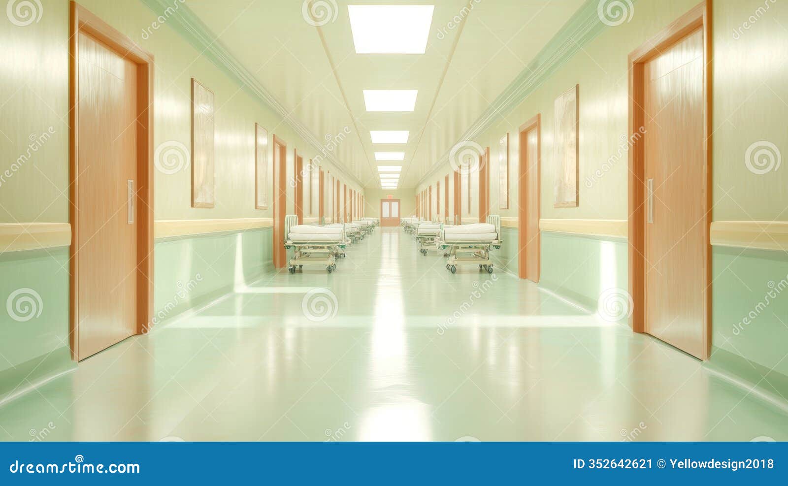 Hospital Hallway with Empty Patient Beds and Bright Lighting Stock ...