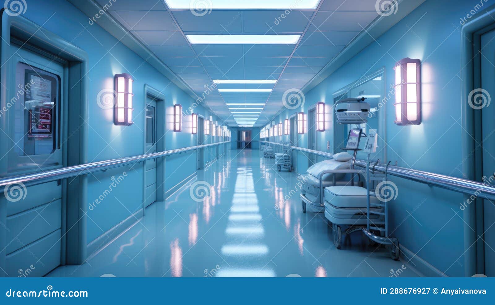 A Hospital Hallway with a Row of Beds. Stock Image - Image of corridor ...