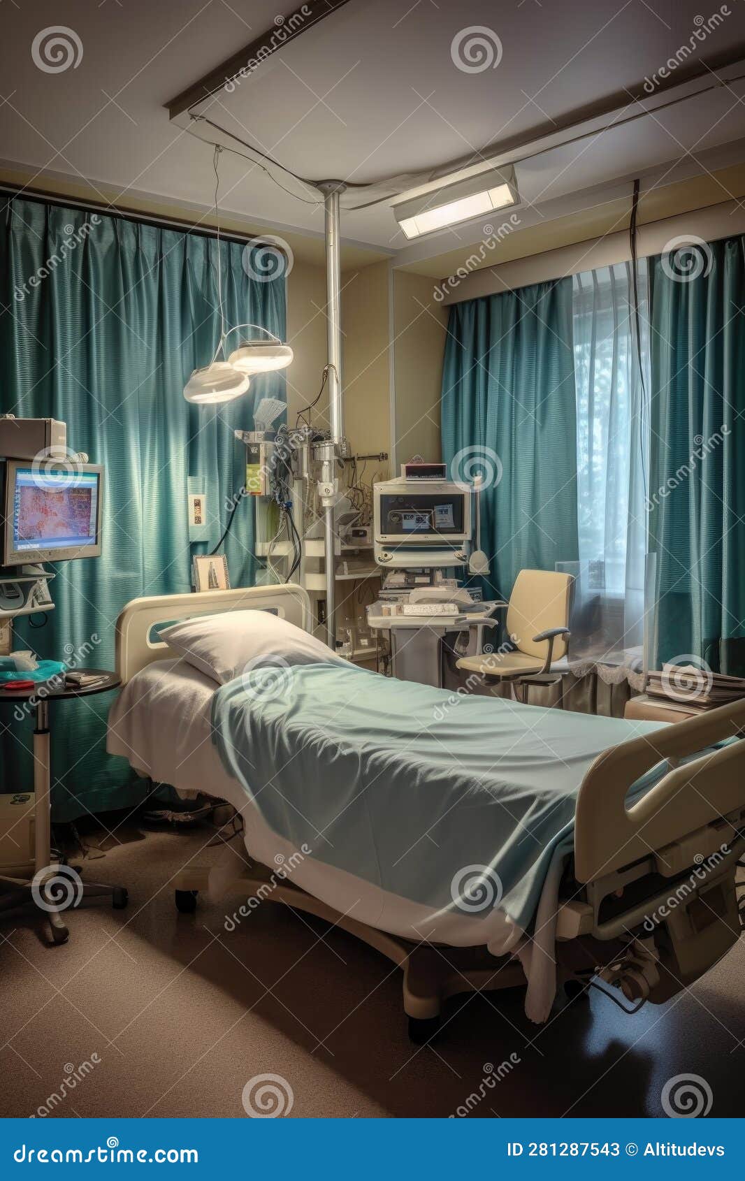 Hospital Room with Bed, Monitors, and Iv Stand Stock Illustration ...
