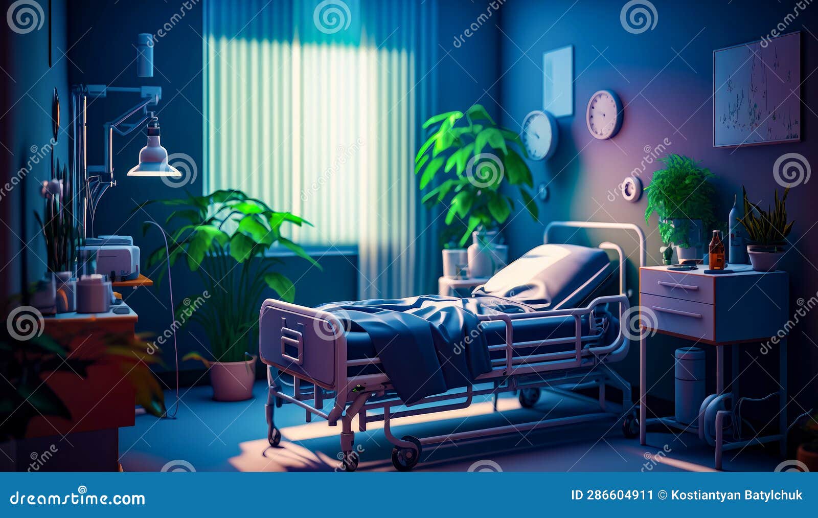 Hospital Room with Bed, Plant and Clock on the Wall Stock Illustration ...