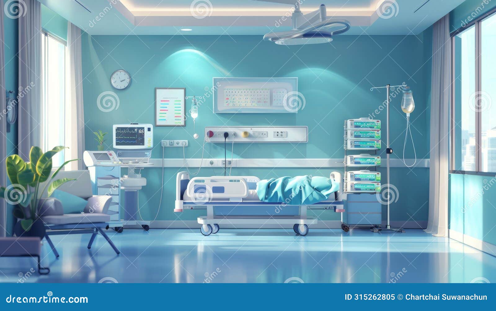 A Hospital Room with a Patient on a Bed and a Clock on the Wall by AI ...