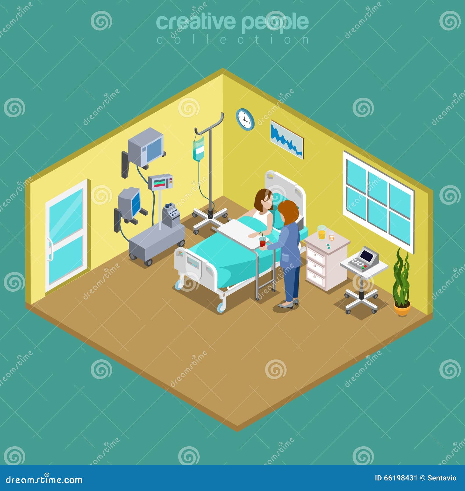 Hospital Ward Patient Bed Nurse Care Flat Isometric Vector 3d Stock